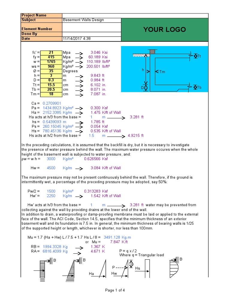 Basement Walls Design Calculations and Reinforcement Details | PDF ...