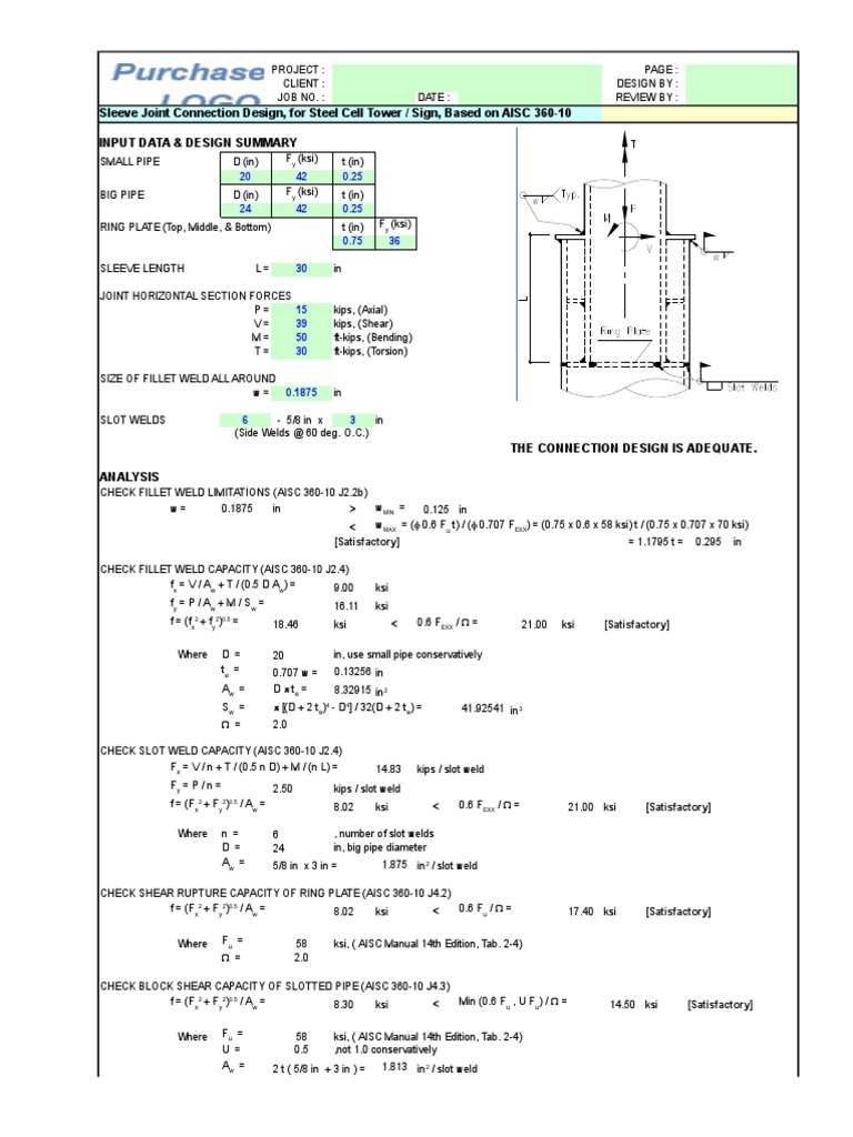 Sleeve Joint Connection Design, For Steel Cell Tower / Sign, Based On AISC 360-10 Input Data ...