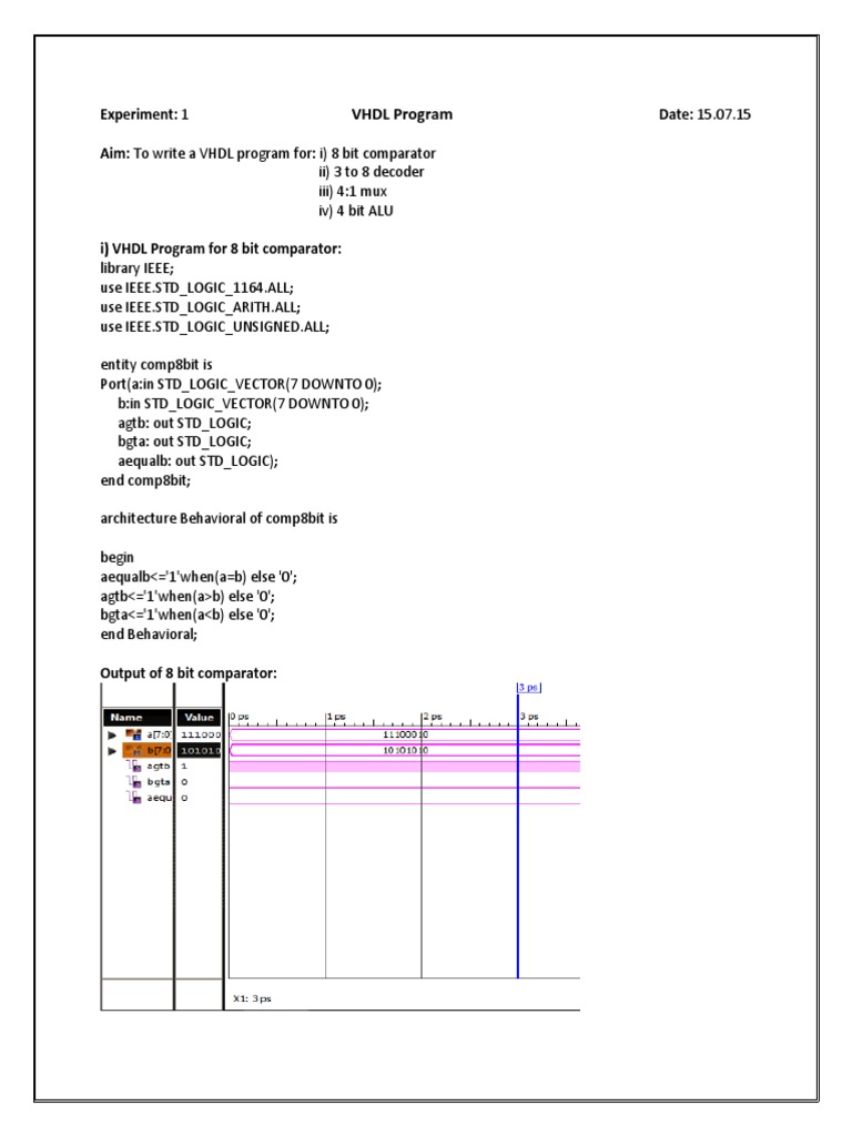 VHDL Programs for Comparator, Decoder, Mux and ALU | PDF | Vhdl | Computer Engineering