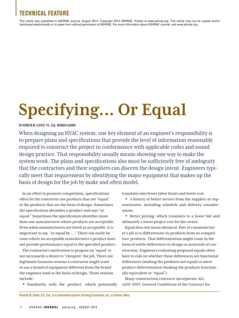 Ashrae Journal - Specifying or Equal | PDF | Specification (Technical ...