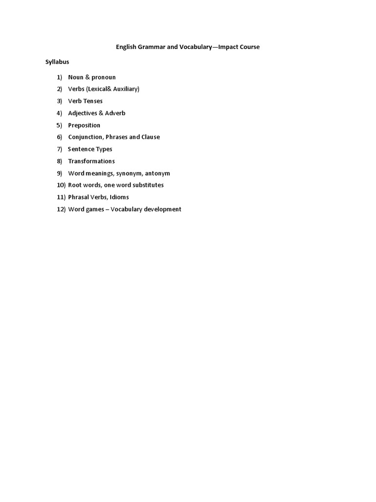 English Grammar and Vocabulary-Syllabus | PDF | Verb | Grammatical Gender