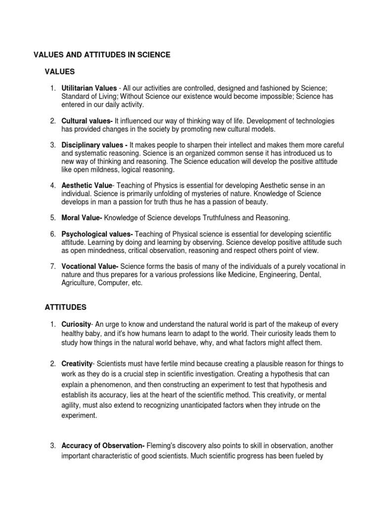 Values and Attitudes in Science Values | PDF | Scientific Method ...