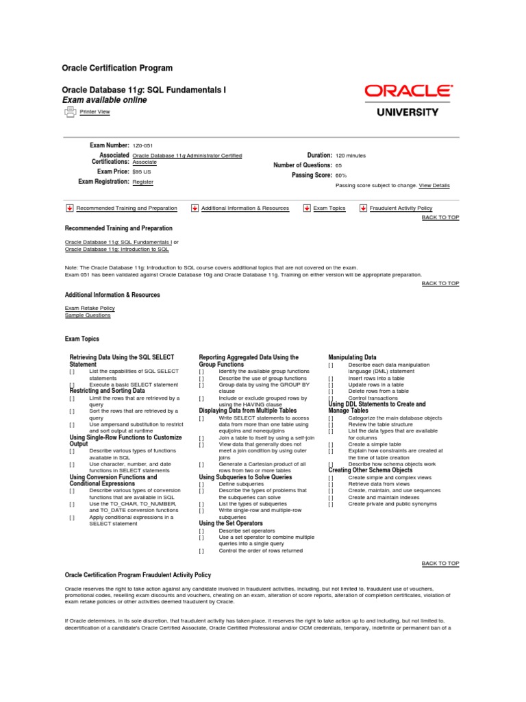 Exam Available Online Oracle Certification Program Oracle Database 11g Sql Fundamentals I