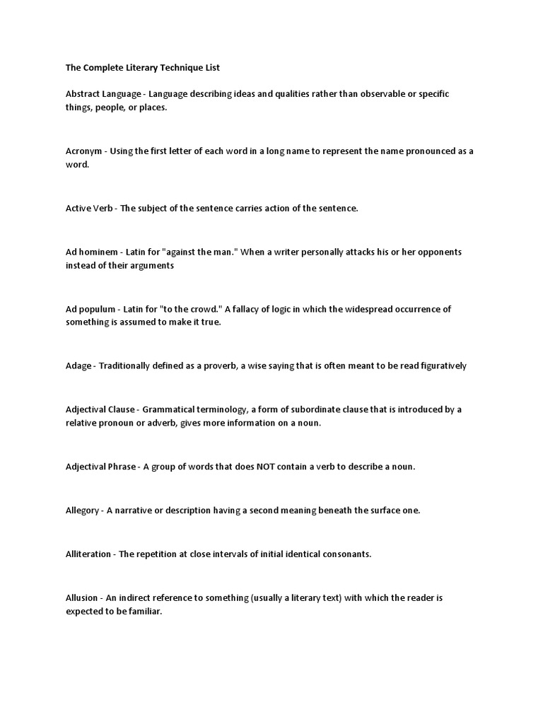 The Complete Literary Technique List | PDF | Poetry | Narration