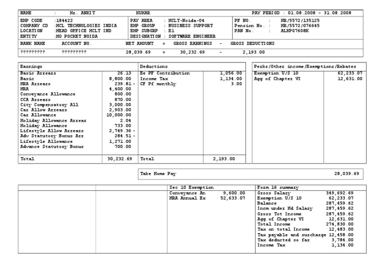 HCL Technologies Salary Slip Summary | PDF | Services (Economics ...