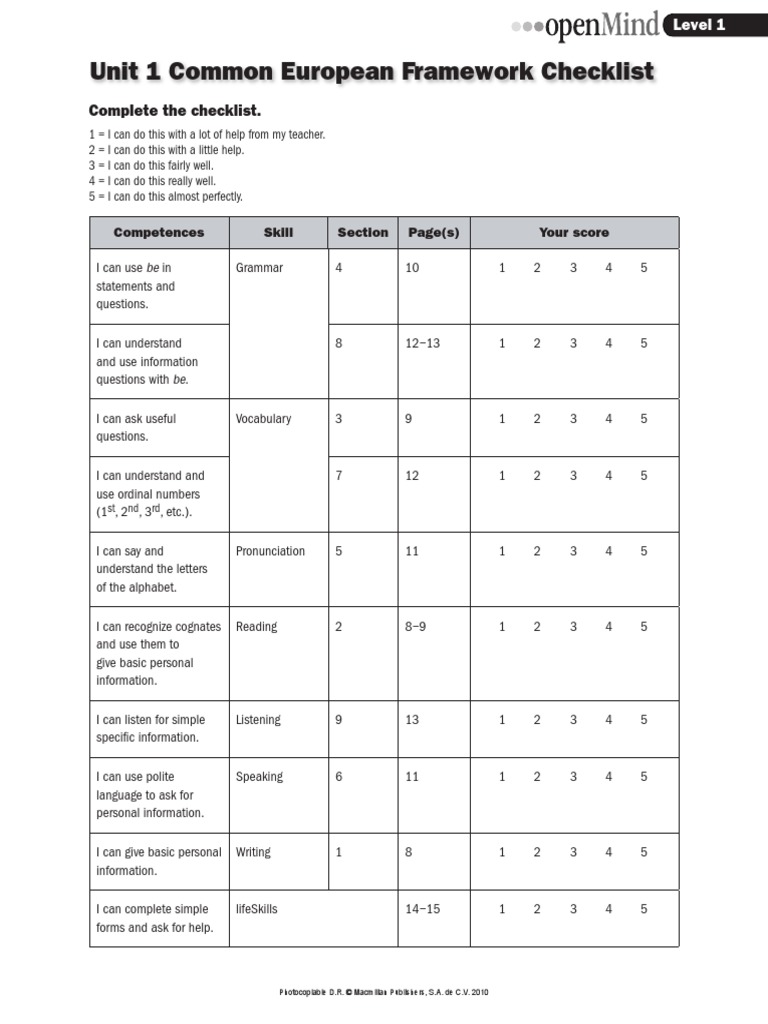 Unit 1 Common European Framework Checklist | PDF
