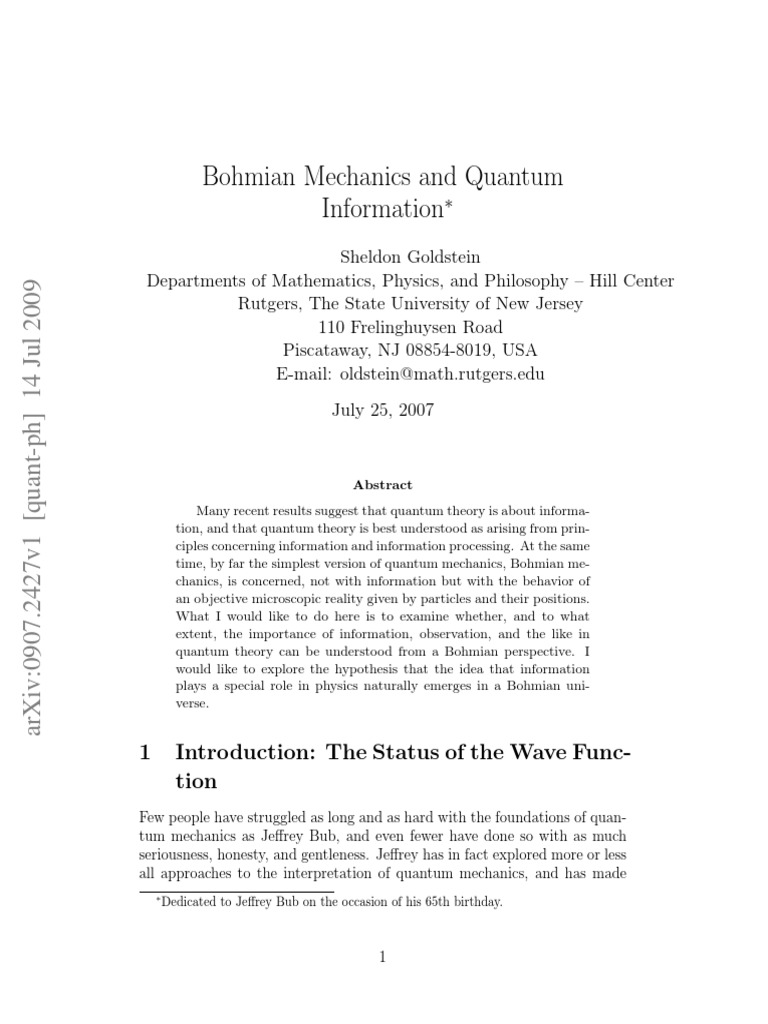 Bohmian Mechanics | PDF | Wave Function | Schrödinger Equation