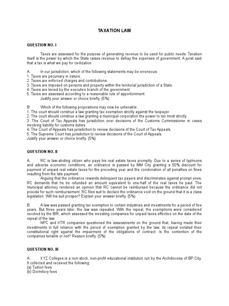 Taxation Law: Question No. I | PDF | Inheritance Tax | Internal Revenue ...