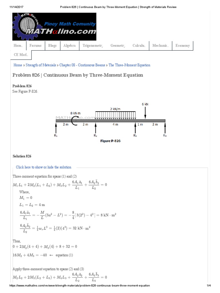 Problem 826 | Continuous Beam by Three-Moment Equation
