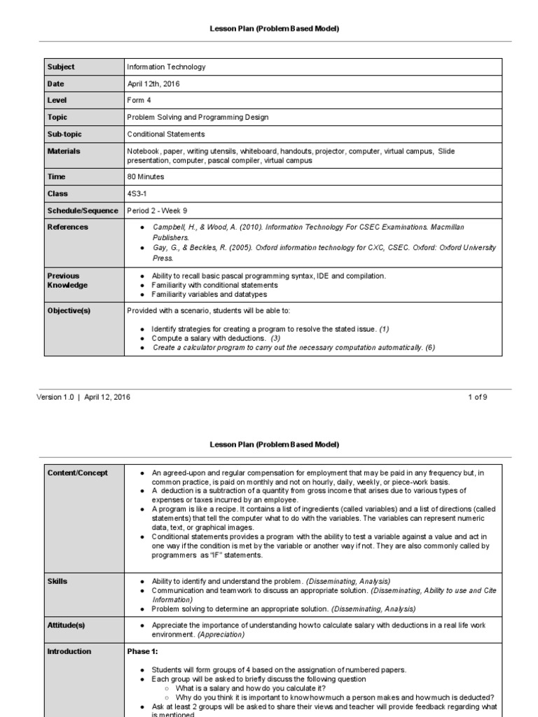 Lesson Plan (Problem Based Model) : Publishers. Press | PDF | Payroll ...