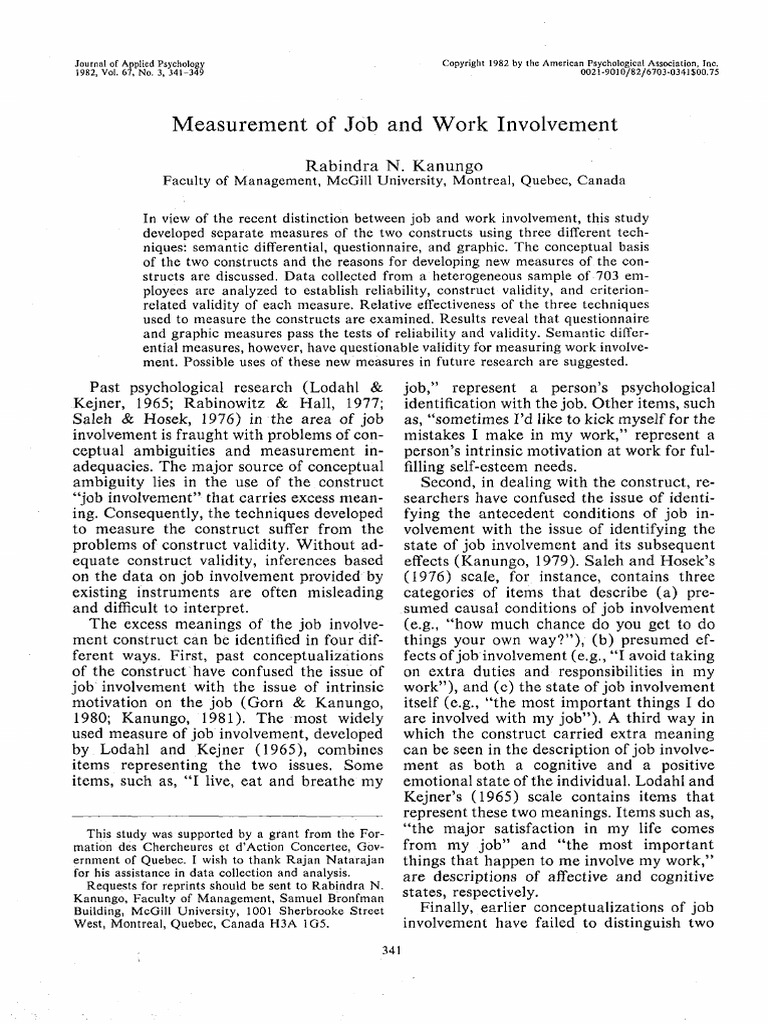 Measurement-of-Job-and-Work-Involvement Kanugo PDF | PDF | Validity ...