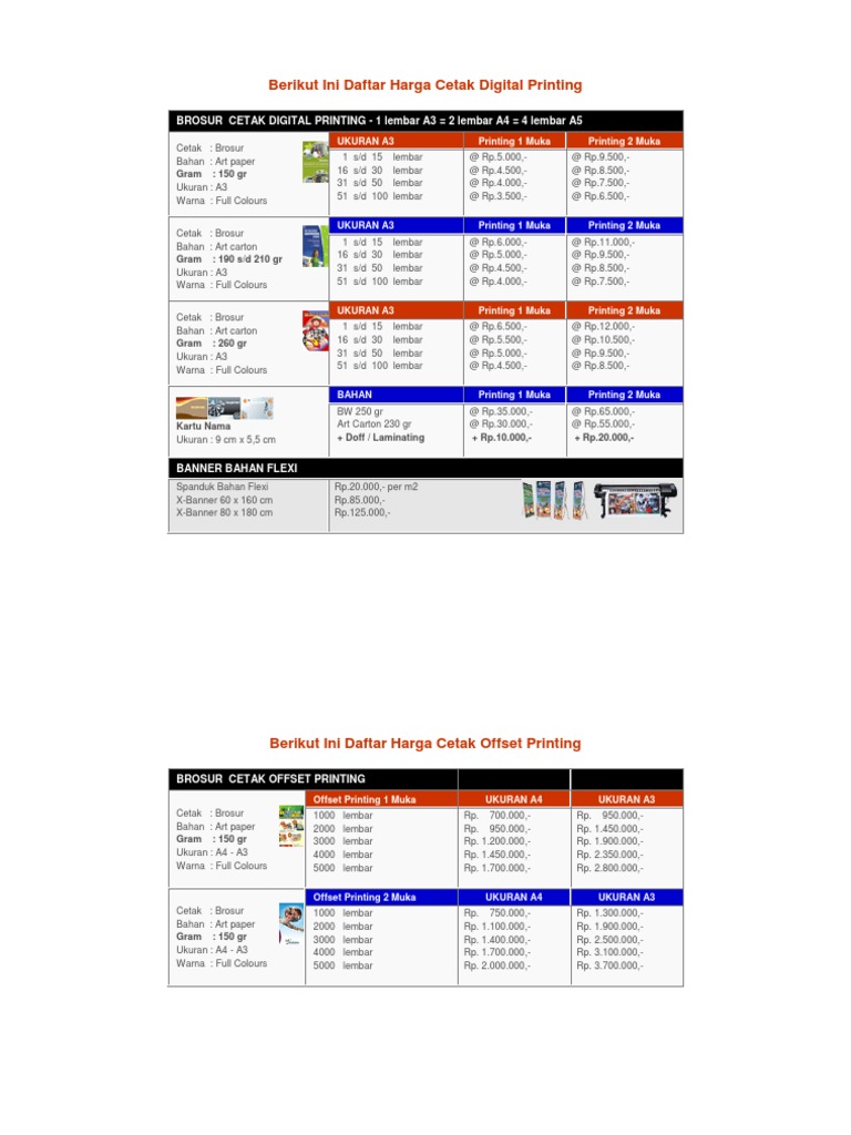 Berikut Ini Daftar Harga Cetak Offset Dan Digital Print | PDF | Griya & Taman | Seni