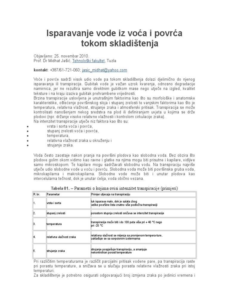 Isparavanje Vode Iz Voća I Povrća Tokom Skladištenja | PDF