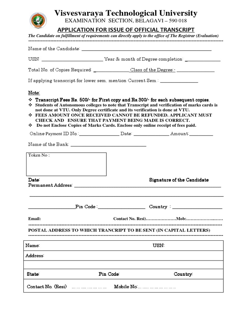 Visvesvaraya Technological University: Application For Issue of ...