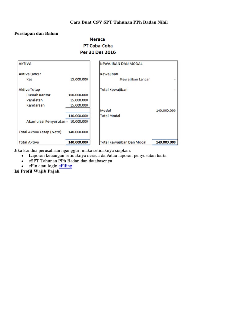 Cara Buat CSV SPT Tahunan PPH Badan Nihil | PDF
