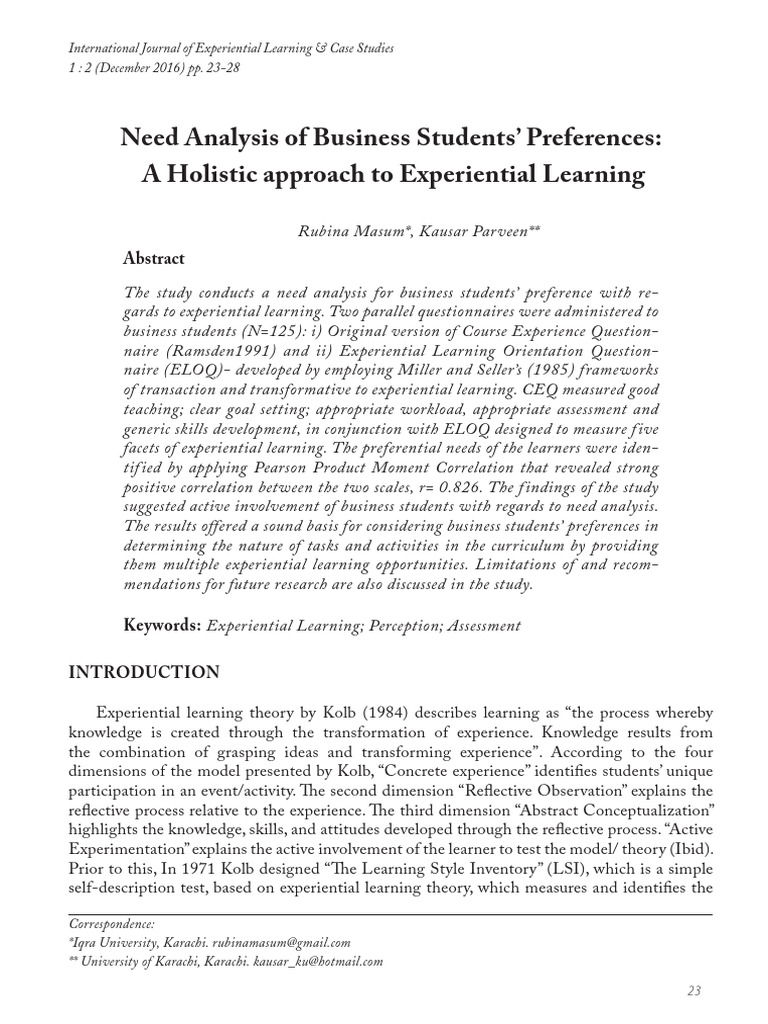 Need Analysis of Business Students' Preferences A Holistic Approach To Experiential Learning ...