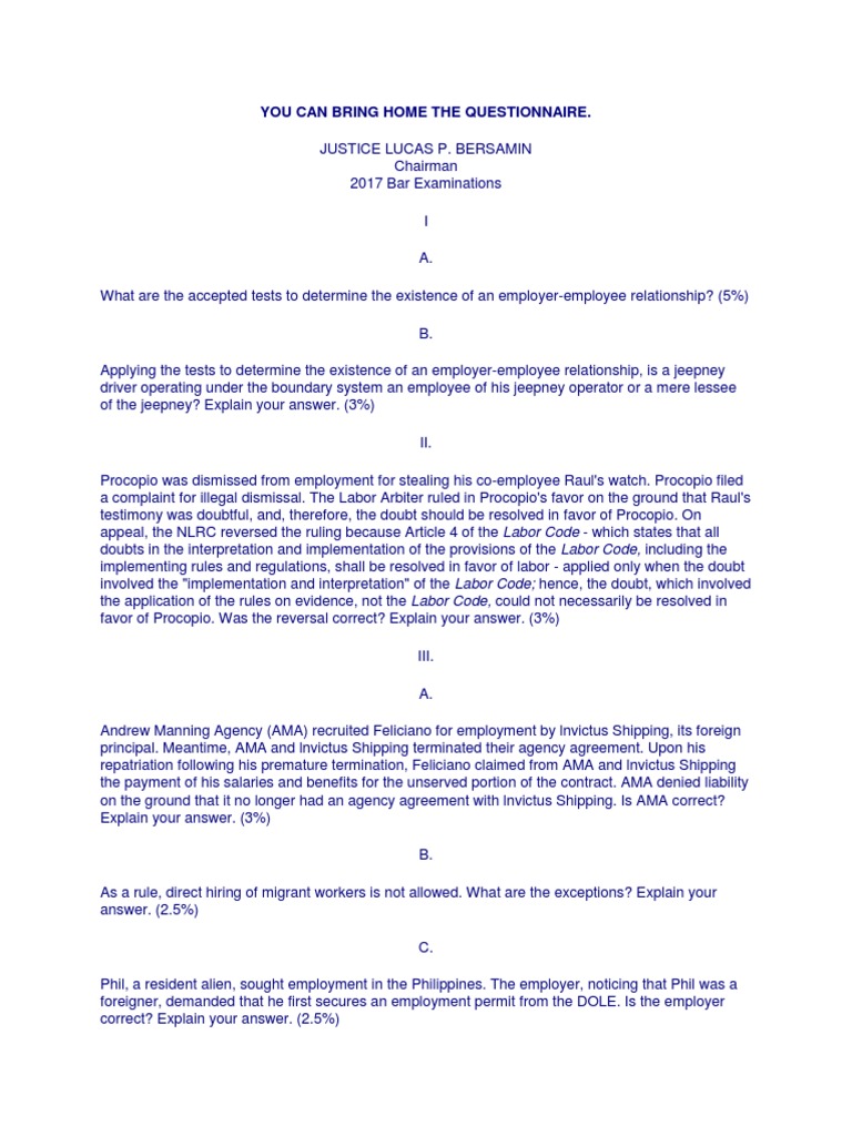 Labor Law Bar Exam 2017 | PDF | Strike Action | Employment