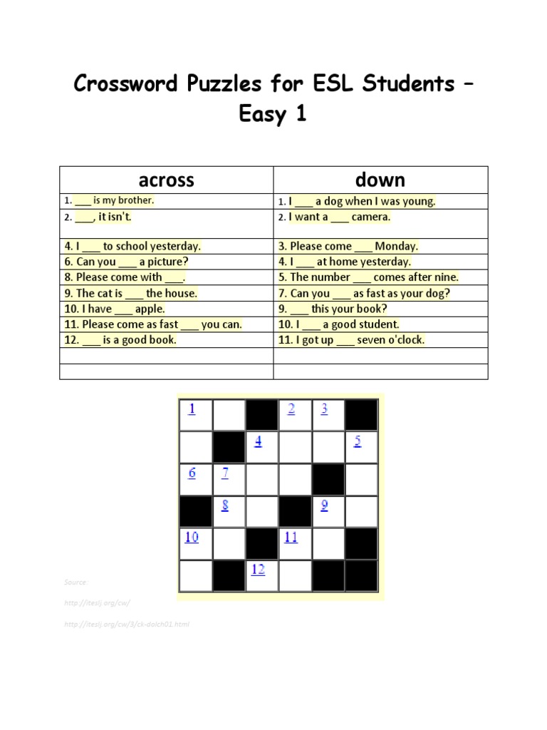 Crossword Puzzles For ESL Students - Easy | PDF