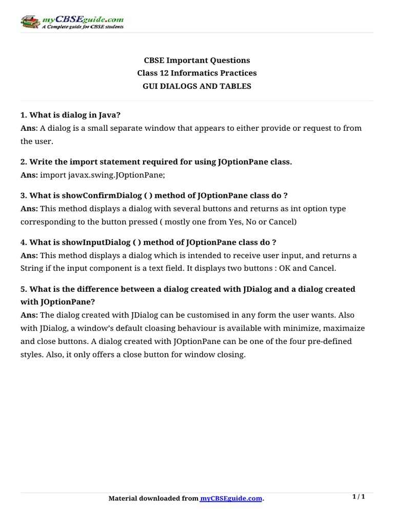 Class 12 Java Dialogs Guide | PDF | Business | Computers