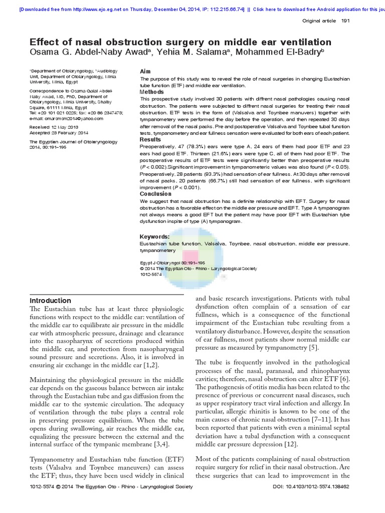 Effect of Nasal Obstruction Surgery On Middle Ear Ventilation | PDF ...
