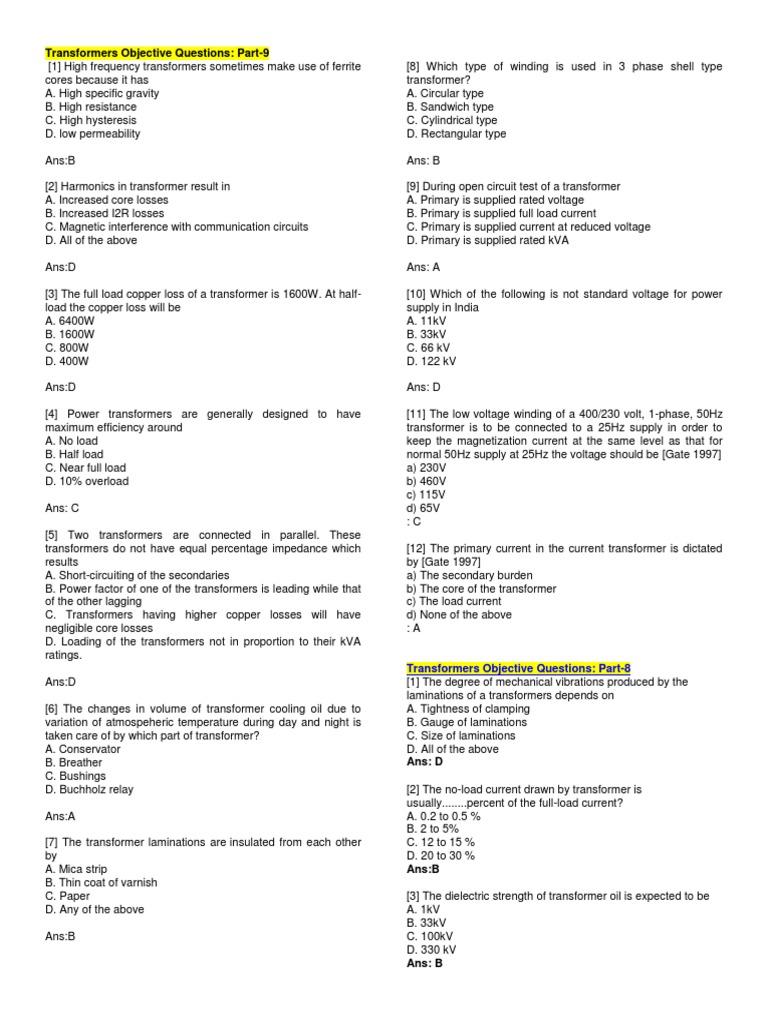 Transformers Objective Questions | PDF | Transformer | Inductor