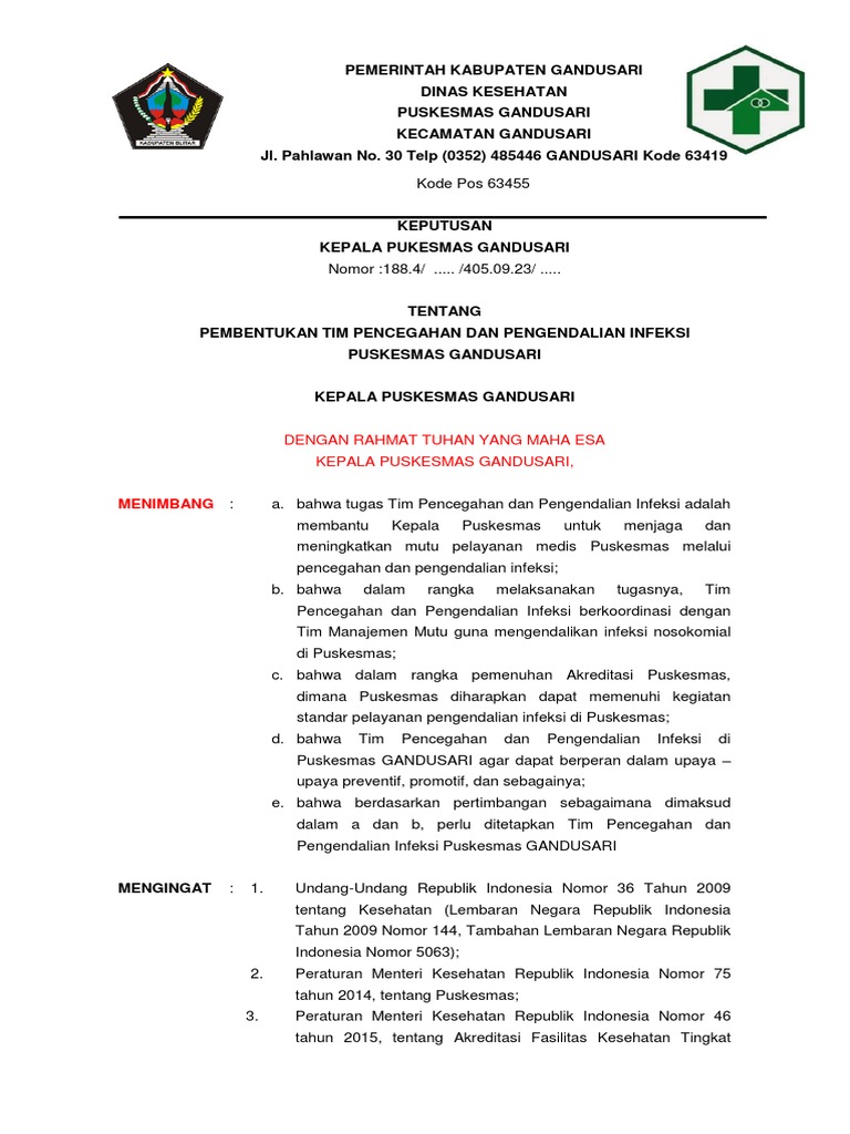 SK Pembentukan Tim Ppi Puskesmas Gds | PDF