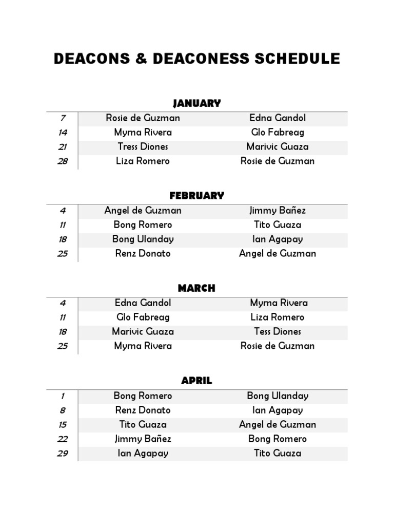 Deacons & Deaconess Schedule: January | PDF | Ecclesiastical Titles ...