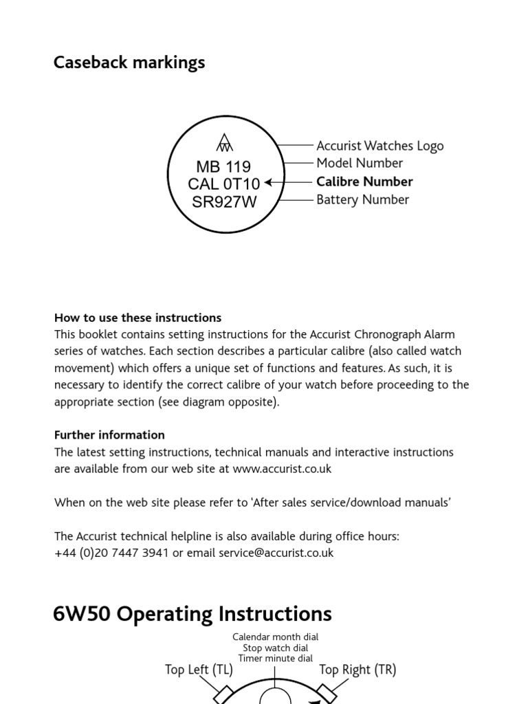 Caseback Markings and Operating Instructions for the Accurist Chronograph Alarm Watch Calibre ...