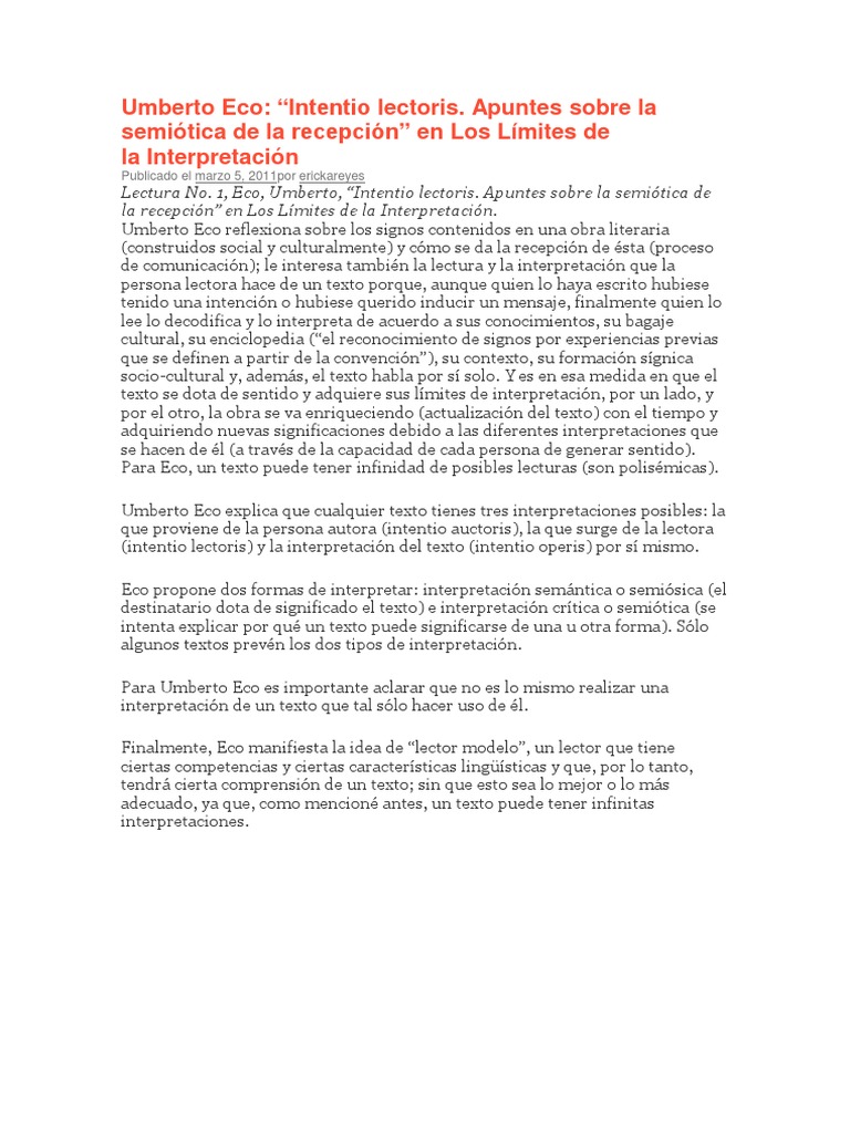 ECO. Intentio Lectoris | PDF