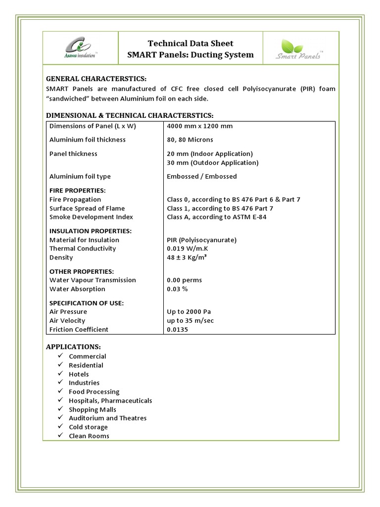 Technical Data Sheet SMART Panels: Ducting System: General Characterstics