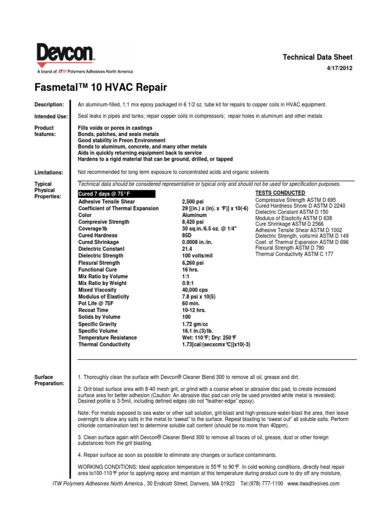 DEVCON® Fasmetal 10 HVAC Repair (Special F) | PDF | Epoxy | Sodium Chloride