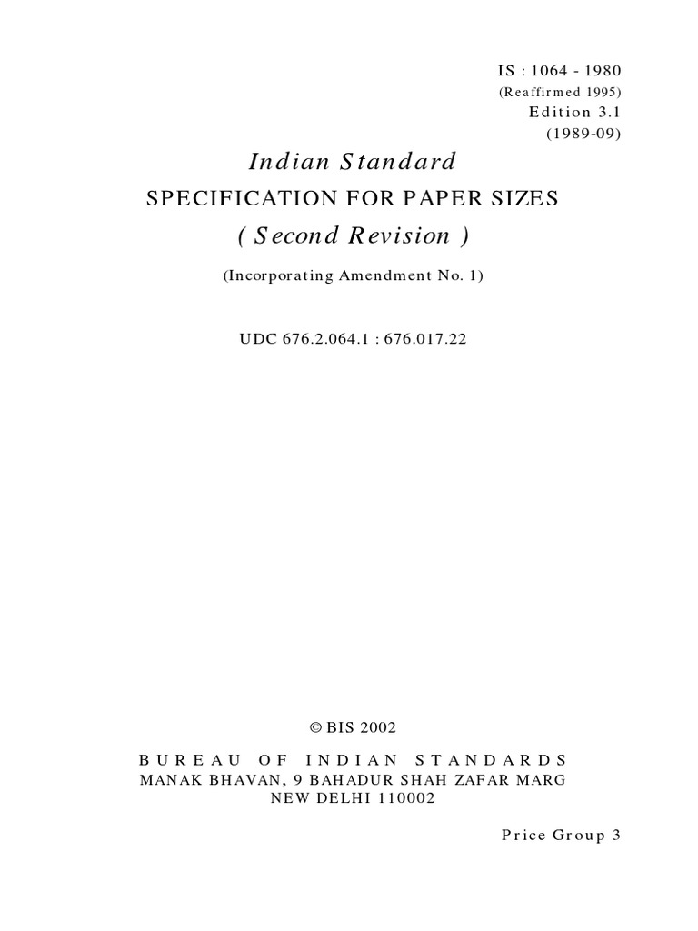 Indian Standard (Second Revision) : Specification For Paper Sizes | PDF ...