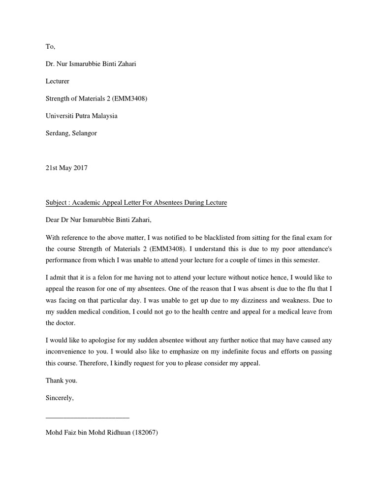 Appeal Letter of Absence | PDF