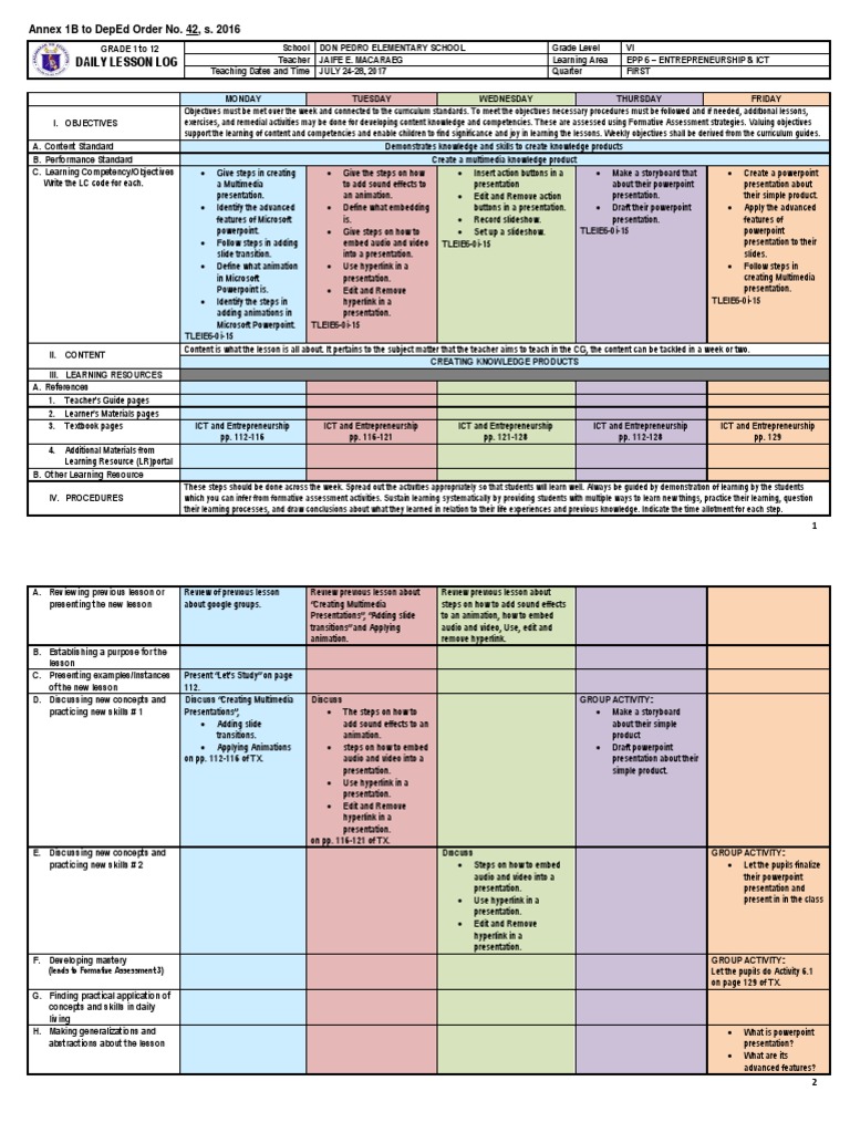 Daily Lesson Log: Annex 1B To Deped Order No. 42, S. 2016 | PDF ...