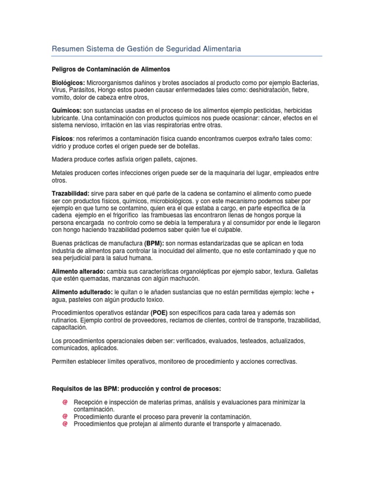 Resumen Sistema D Gestión de Seguridad Alimentaria | PDF | Análisis de Riesgo y Puntos Críticos ...