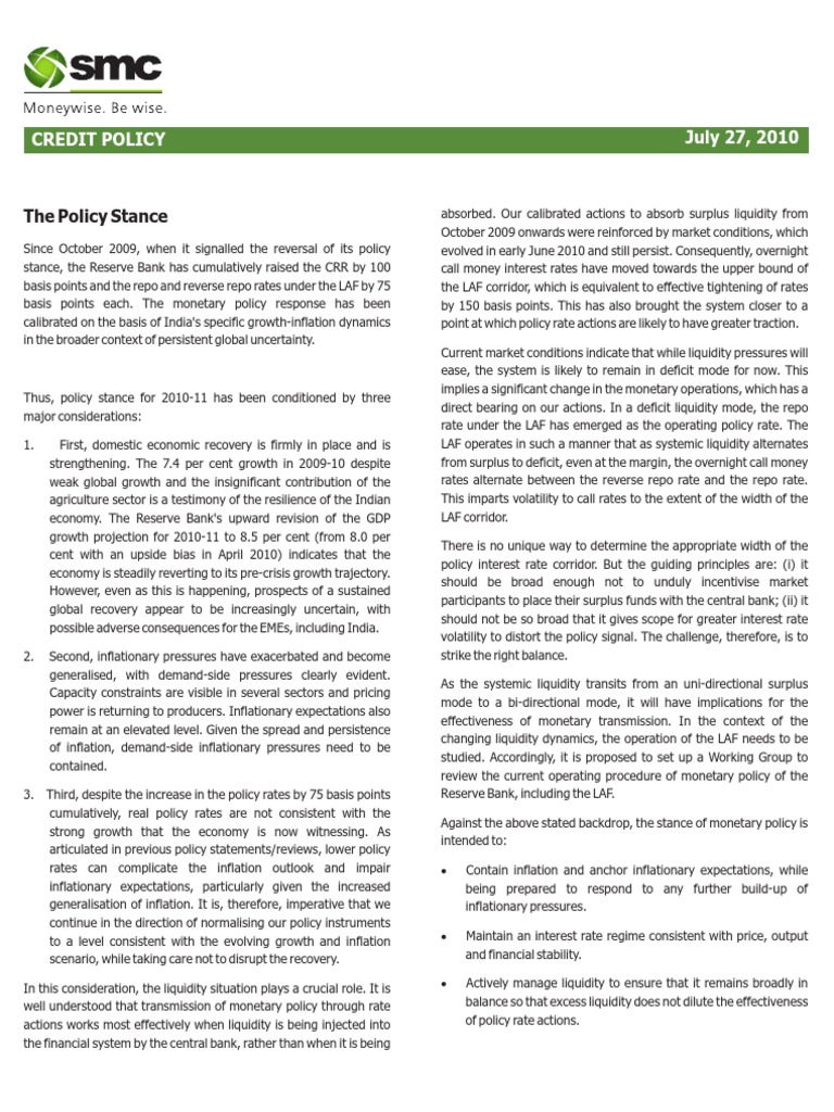 Credit Policy | PDF | Inflation | Monetary Policy
