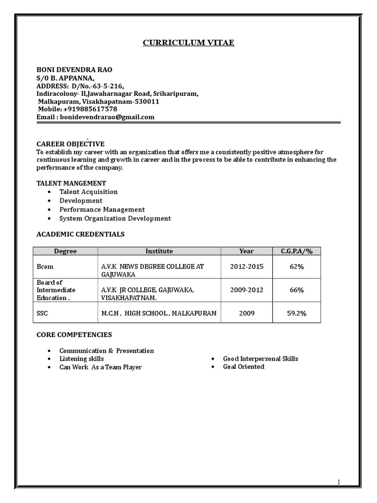 Curriculum Vitae: Boni Devendra Rao S/0 B. Appanna | PDF