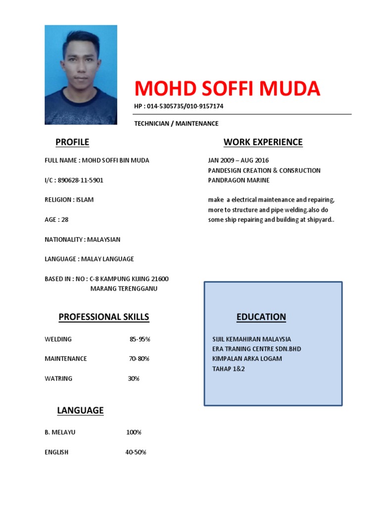 Mohd Soffi Muda: Profile Work Experience | PDF