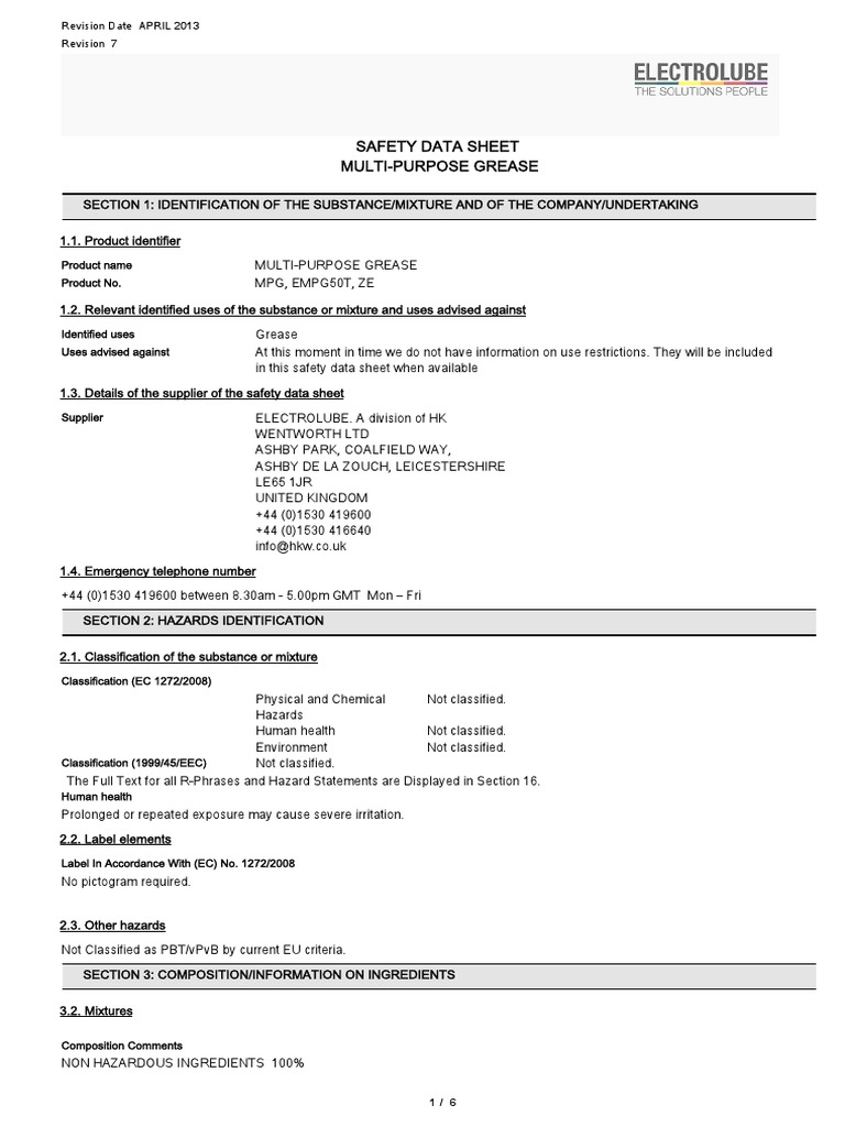 Safety Data Sheet Multi-Purpose Grease | PDF | Dangerous Goods ...