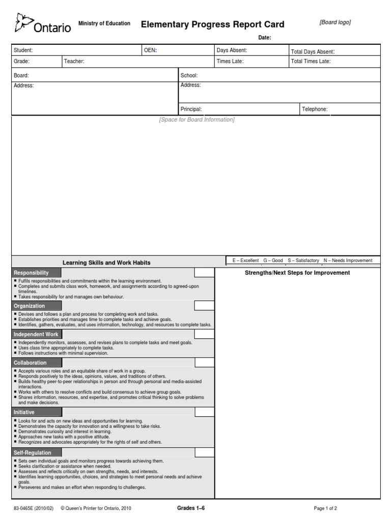 Elementary Progress Report Card Template | PDF | English As A Second Or ...