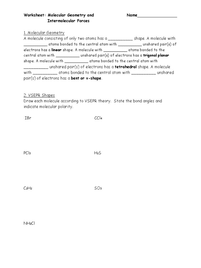 Worksheet: Molecular Geometry and Name - Intermolecular Forces | PDF
