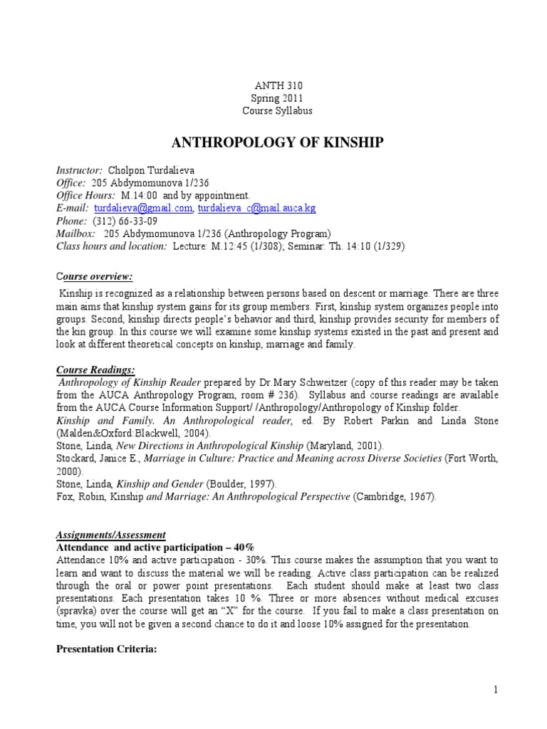 Kinship Syllabus Spring 20111 American University of Central Asia PDF ...