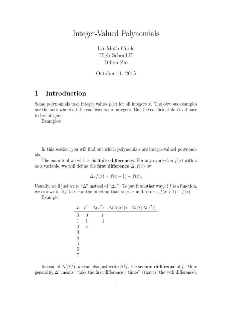 Integer-Valued Polynomials: LA Math Circle High School II Dillon Zhi October 11, 2015 | Download ...