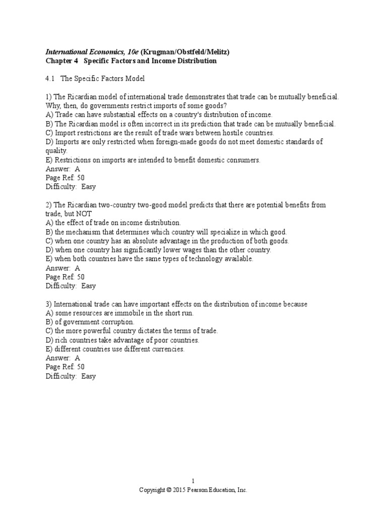 International Economics, 10e (Krugman/Obstfeld/Melitz) Chapter 4 Specific Factors and Income ...