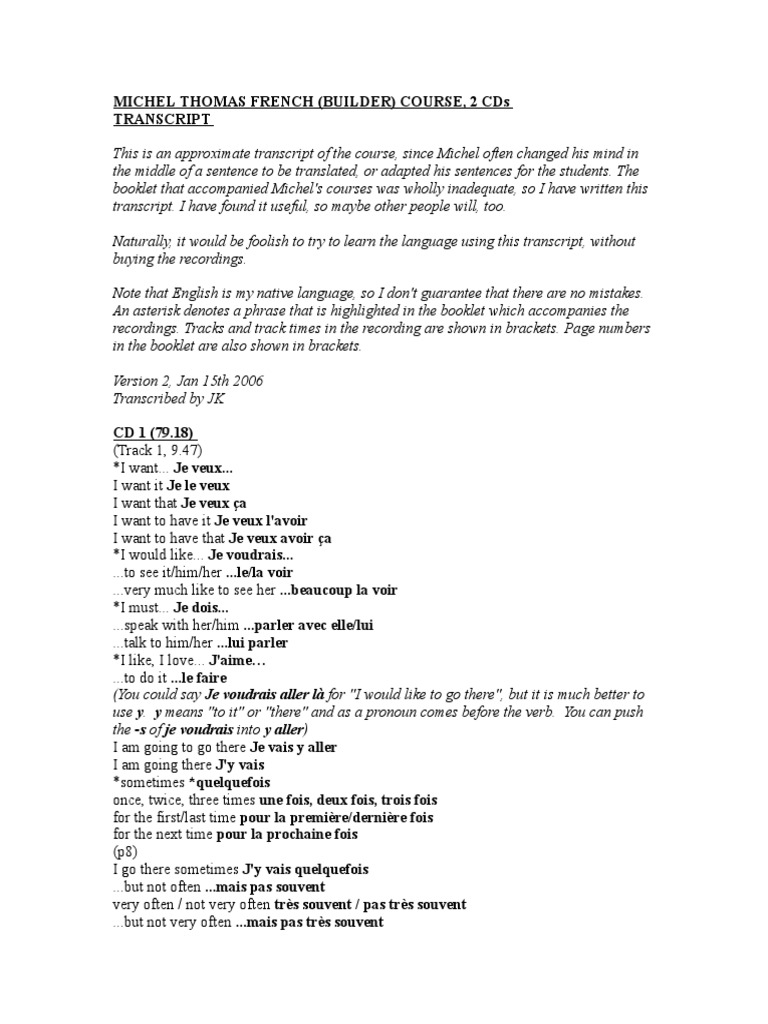 Michel Thomas French Builder Transcript FRENCH&ENGLISH | Download Free ...