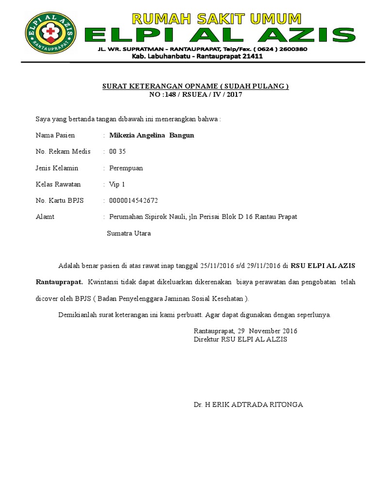 SURAT KETERANGAN OPNAME BPJS Mikezia | PDF