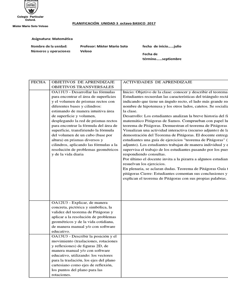 Planificación Matemática 8° Básico 2017 | PDF | Rotación | Geometria plana)