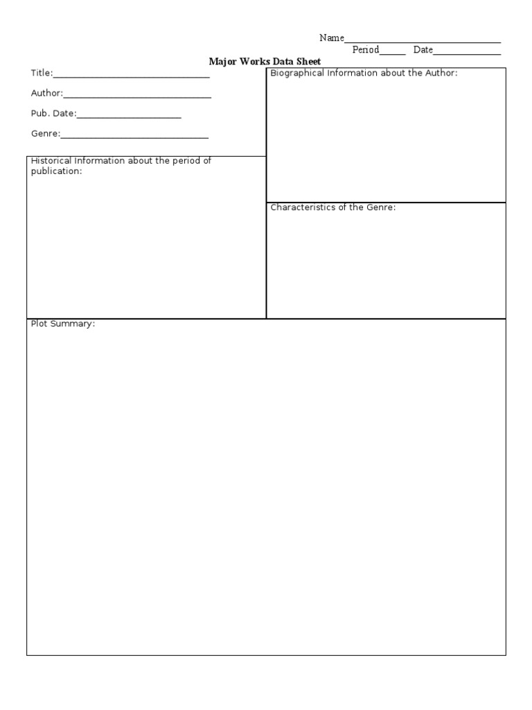 Major Works Data Sheet Template | PDF | General Fiction