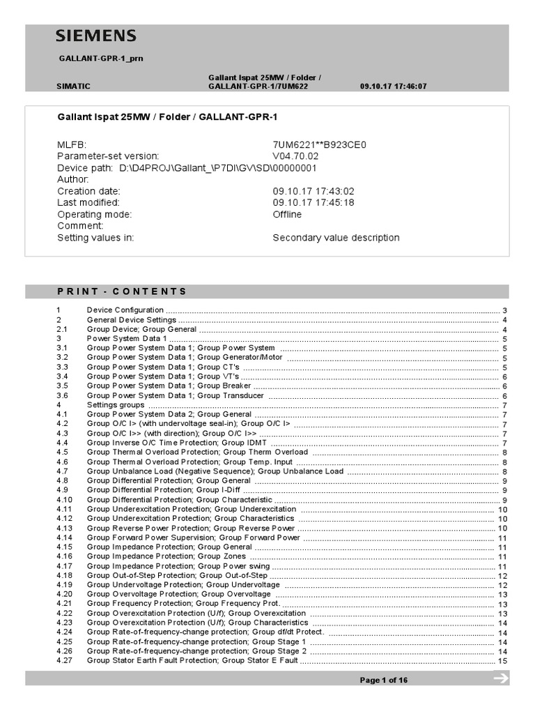 Setting Sheet of 7UM622 For 25MW GPR | PDF | Electric Power System ...