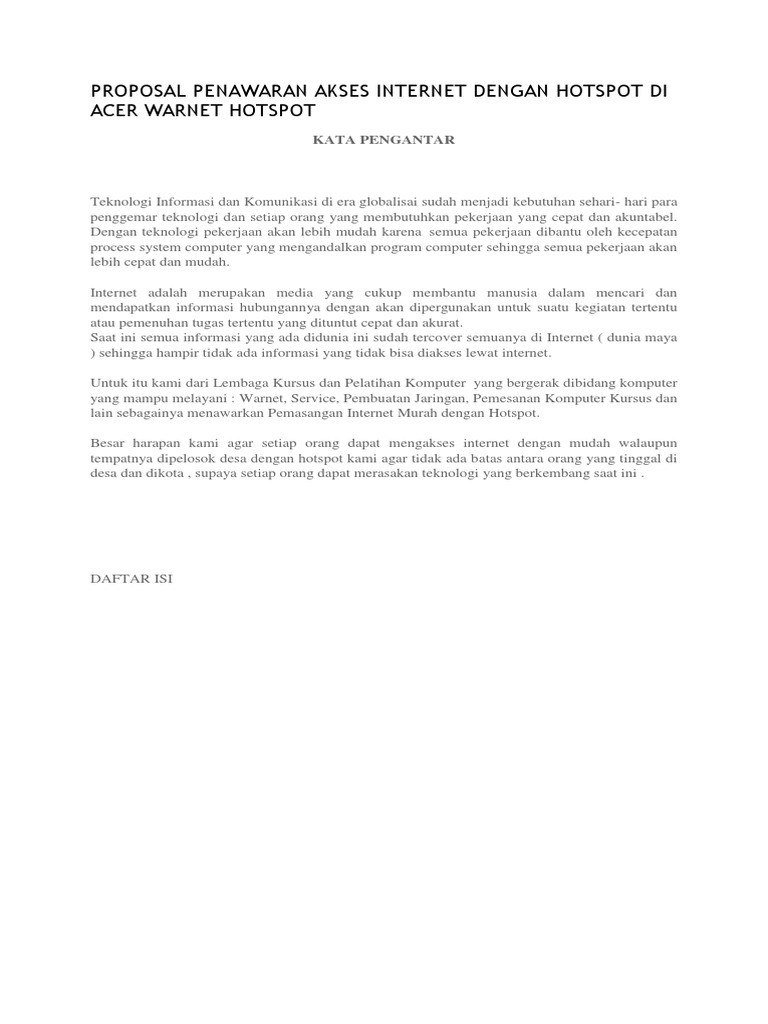 Proposal Penawaran Akses Internet Dengan Hotspot Di Acer Warnet Hotspot | PDF